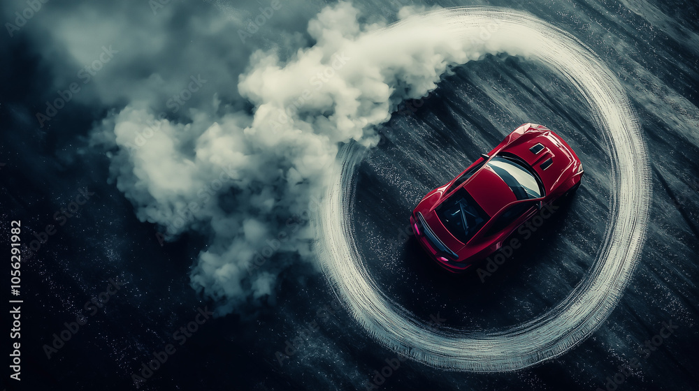 Aerial view of a red sports car drifting in a smoky circle on dark ...