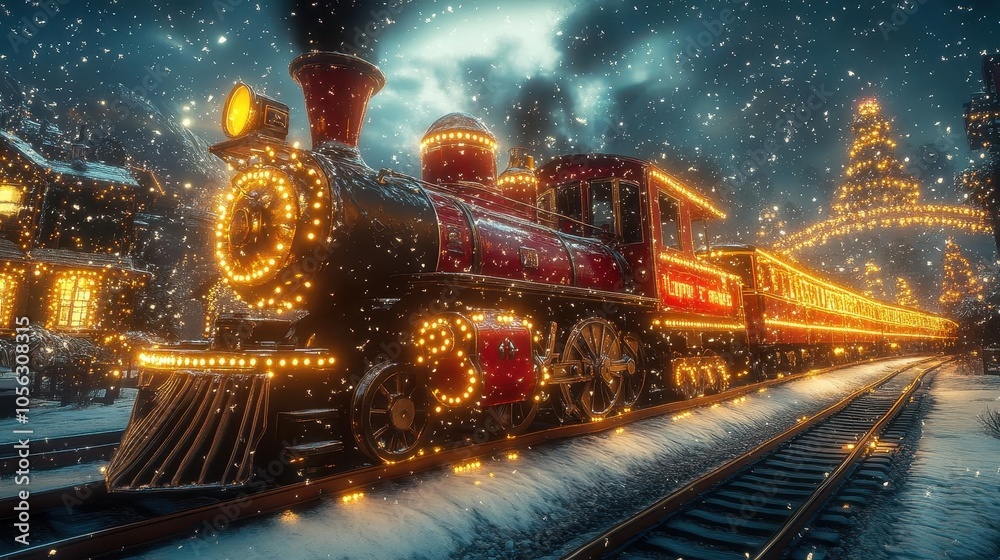 Polar Express with glowing AR train route map, vibrant snowy landscape ...
