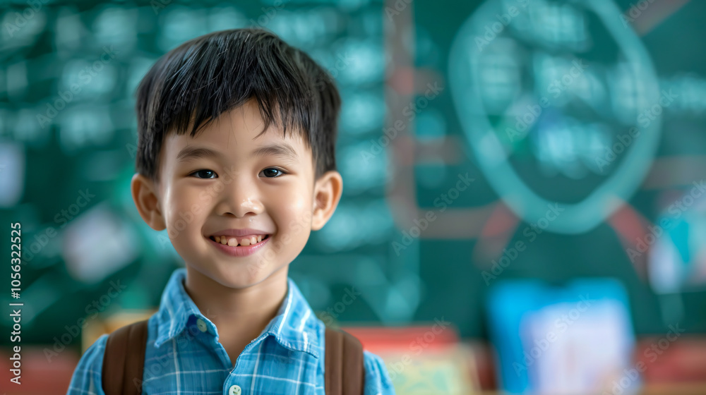 Happy cute Asian boy school student smiling at the camera in front of a ...