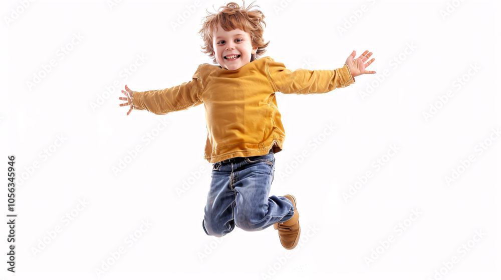 Happy young boy jumping alone, isolated on a white background ...