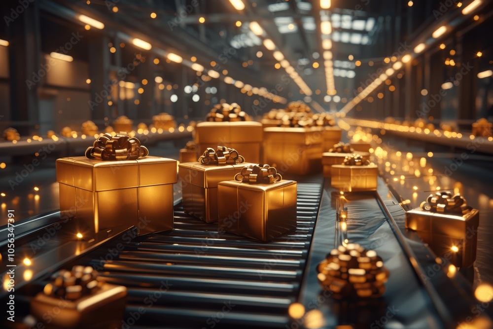 Golden gift boxes on conveyor belt in dark warehouse, industrial design ...