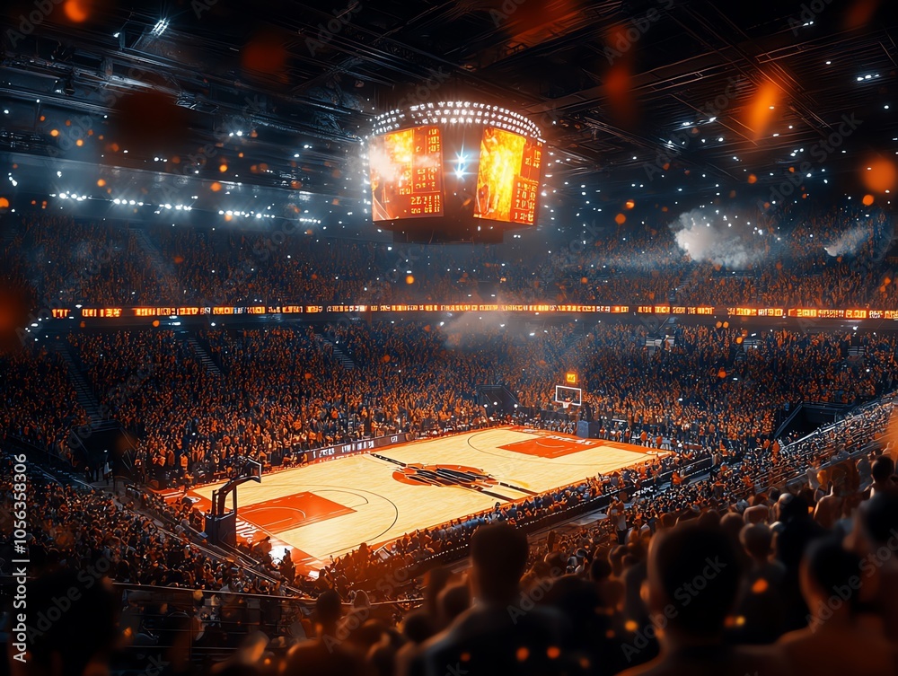 A basketball court with a large crowd cheering, illuminated by ...