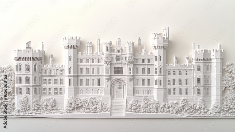 Clean white backdrop with detailed artwork of Leeds Castle architecture ...