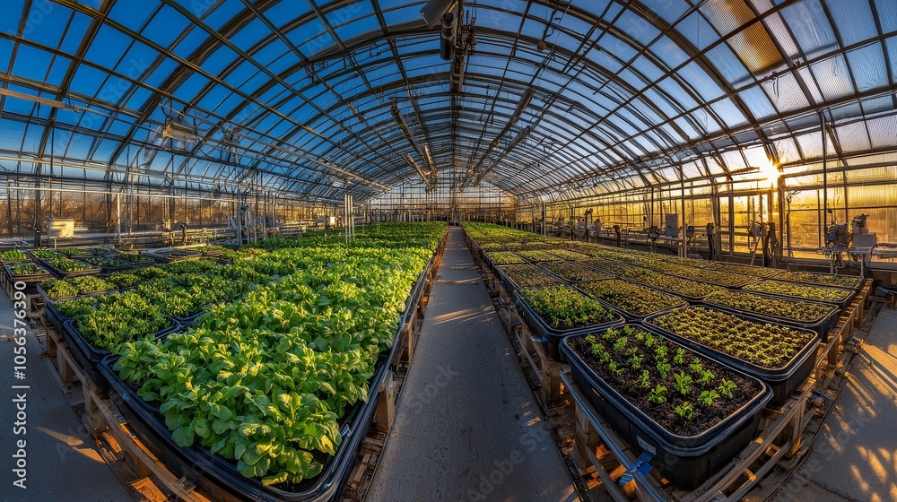 A panoramic view of a large-scale greenhouse complex, with multiple ...