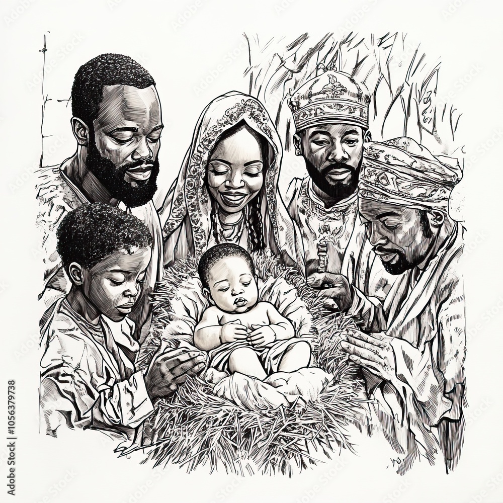 realistic African american hand drawn nativity scene with african ...
