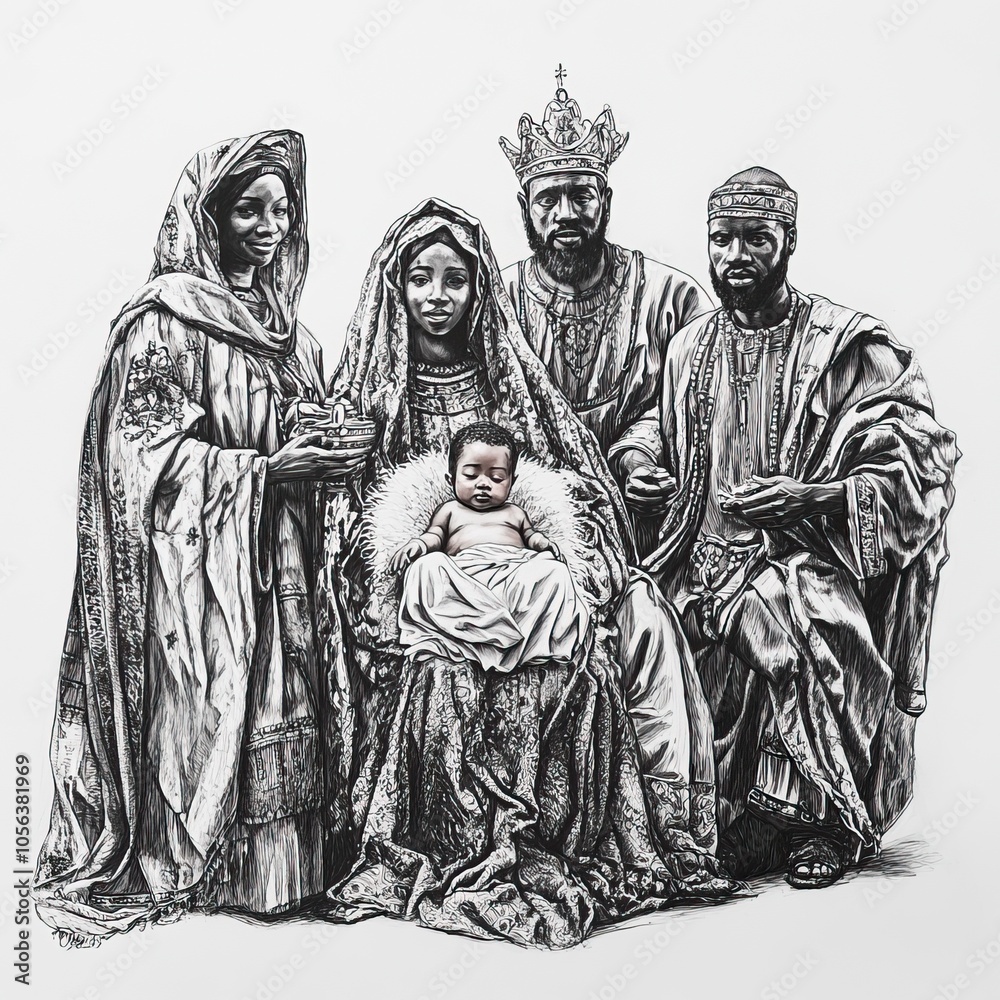 ภาพประกอบ Stock realistic African american hand drawn nativity scene ...