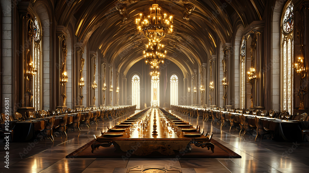 Majestic royal banquet in grand hall with knights and nobles 3d ...