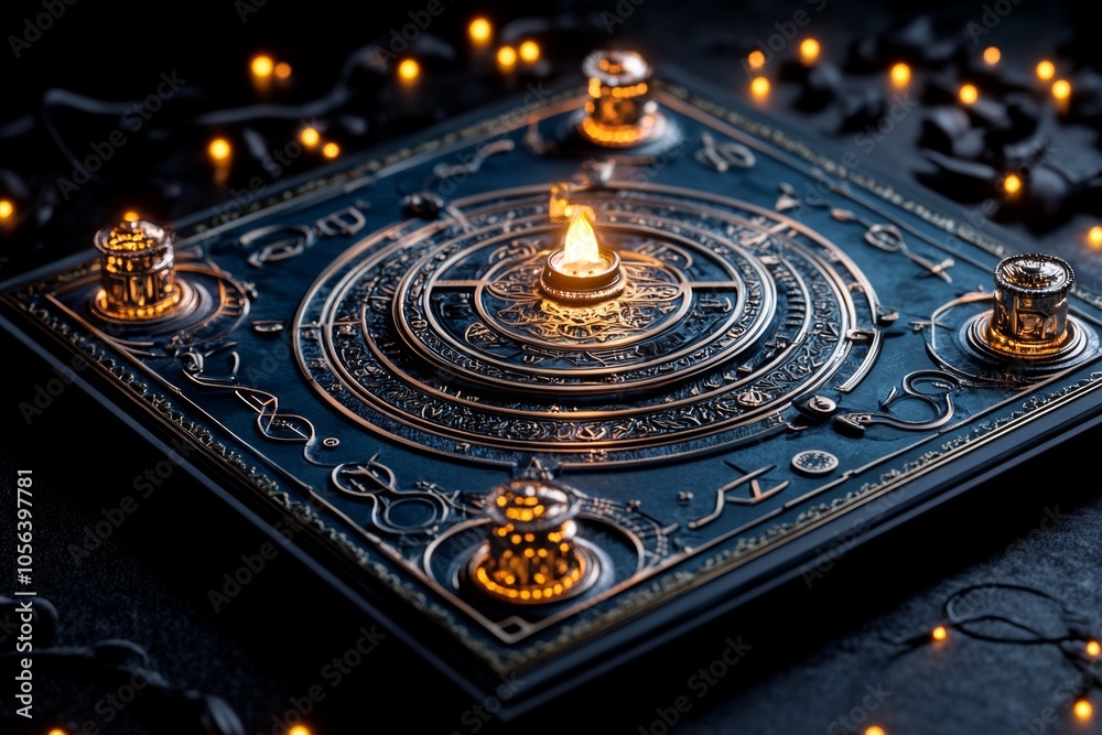 Magical evidence board with floating symbols and enchanted items ...