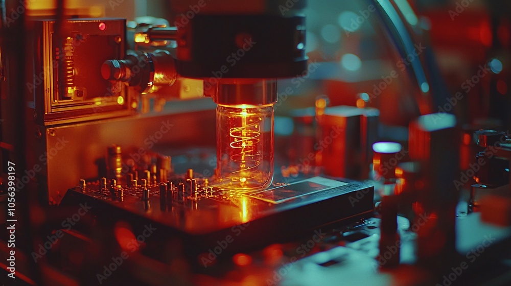 Laser beam optics experiment, physics student adjusting equipment ...
