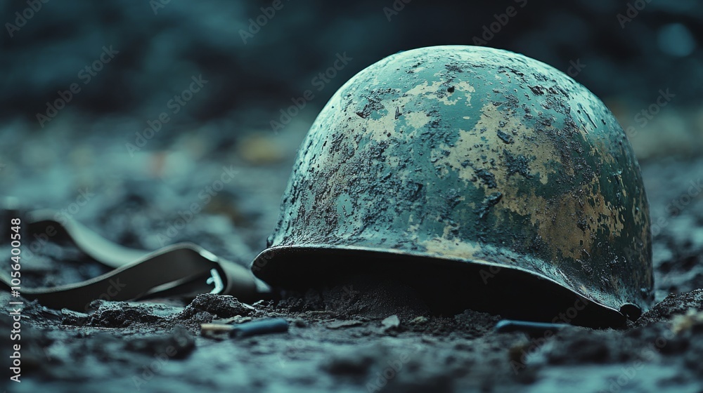 Blank space around a lone veteran helmet, ideal for remembrance ...