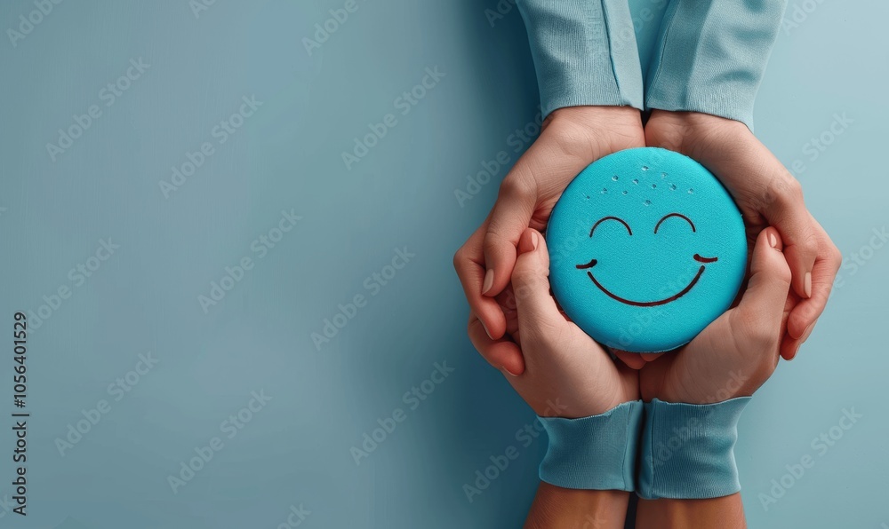 Hands holding blue smiley face, positive feedback, customer ...