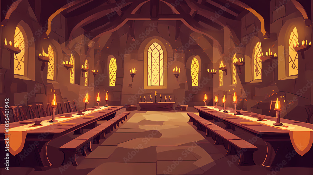 Medieval banquet hall, feast setup with flickering torches, rich and detailed, text-friendly ...