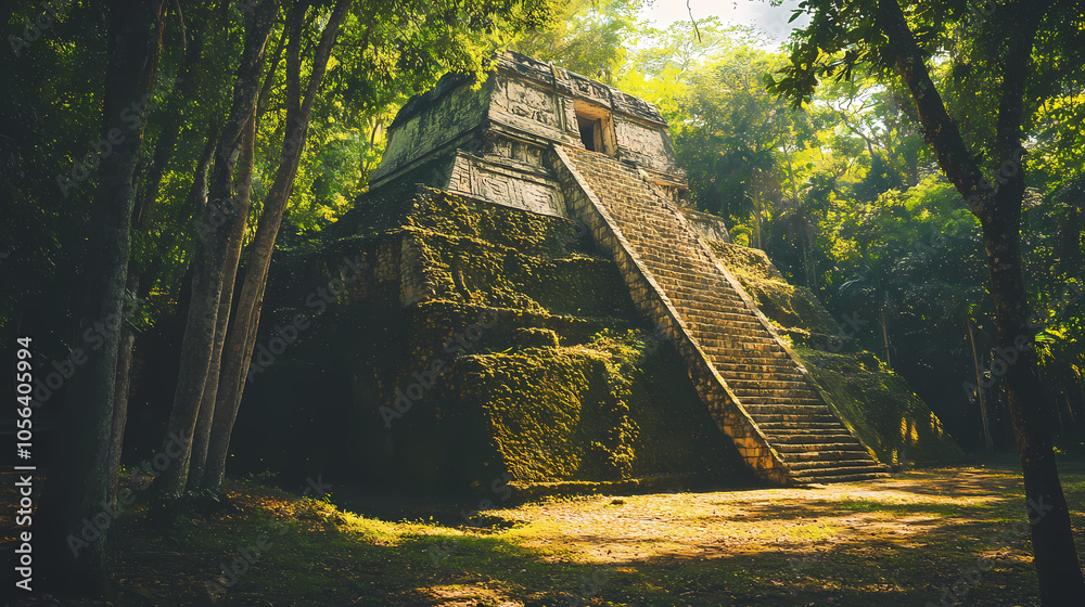 Mysterious ancient ruins of a mayan pyramid, partially covered by dense ...