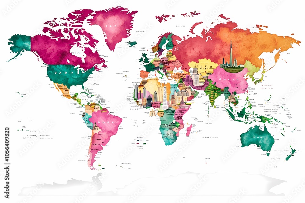 Illustrated World Map with Famous Landmarks Stock Illustration | Adobe ...