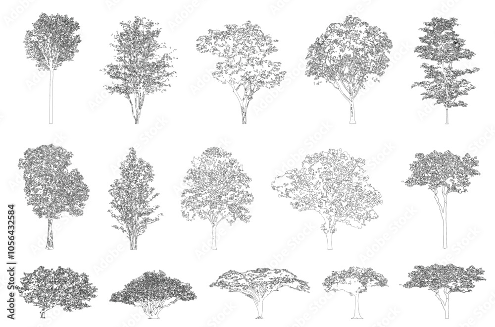 Minimal style cad tree line, Side view, set of graphics trees elements outline symbol for ...