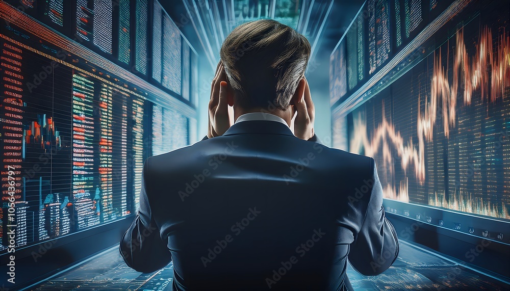 Desperate businessman holds his temples as stock prices collapse on a ...
