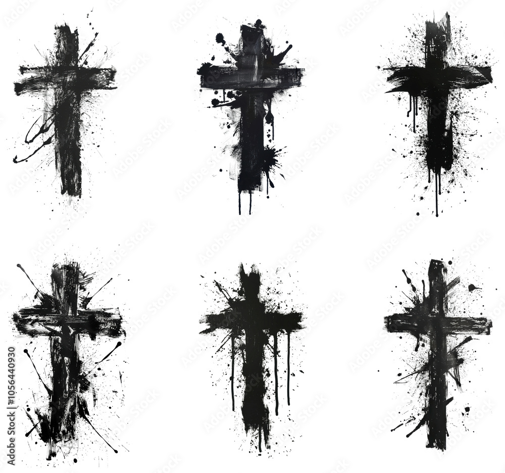 Black crosses with splatter art displayed in a grid layout. Set of png ...