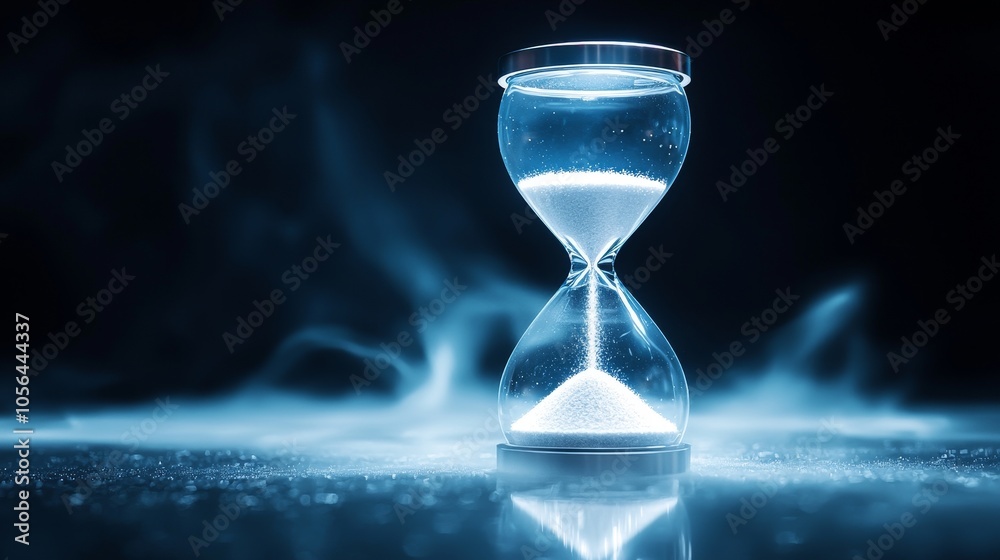 Hourglass disappearing in a cloud of mist, resting on a cold grey ...