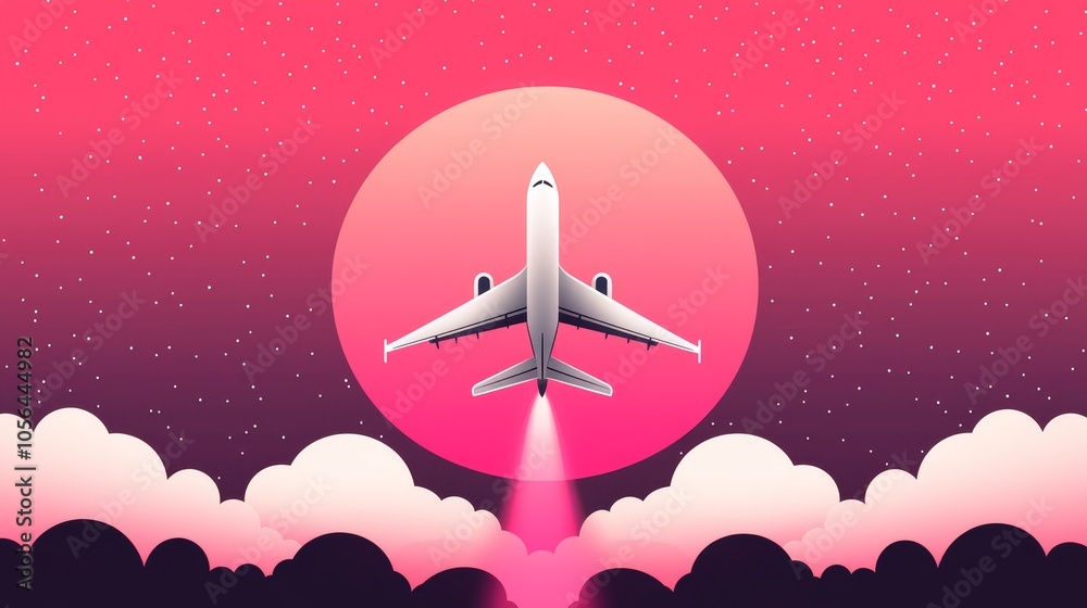Classic airplane flying through abstract clouds, flat vector ...