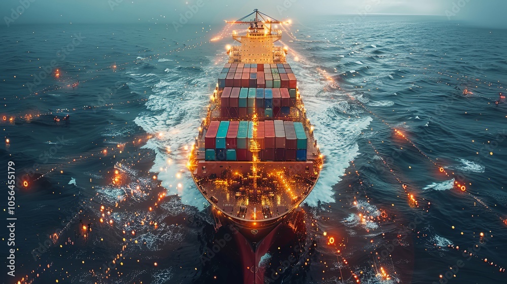 Bird's Eye View of a Container Ship Navigating at Sea, Featuring a ...