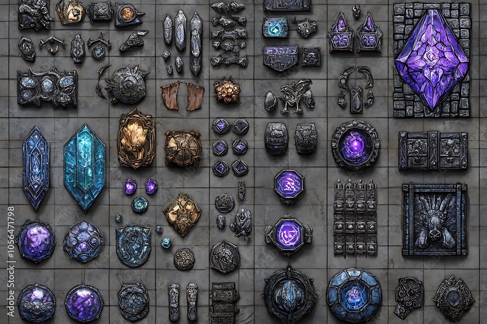 Fantasy Game UI Elements A Collection of Ornate Shields, Gems, and ...