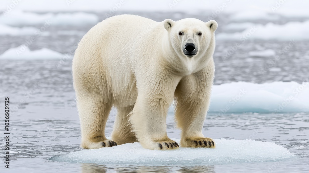 polar bear stands on a floating ice platform, surrounded by icy waters ...