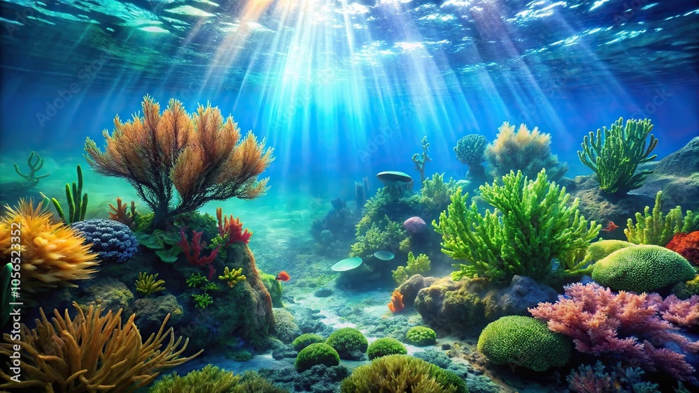 Blue and green aquatic plants swaying gently in an underwater coral ...