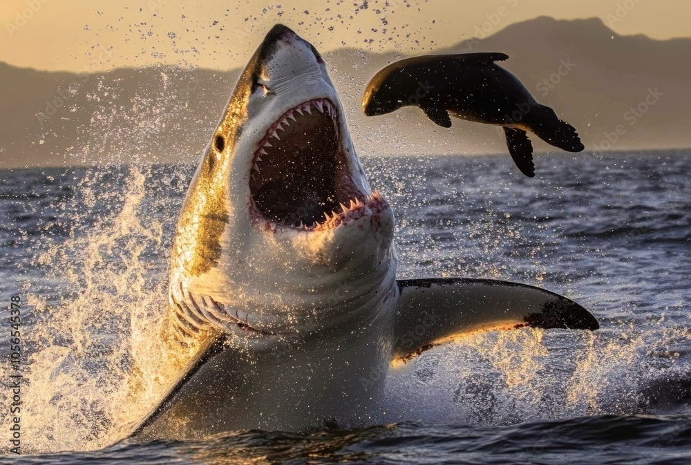 Great white shark is breaching out of the water to catch a seal Stock ...