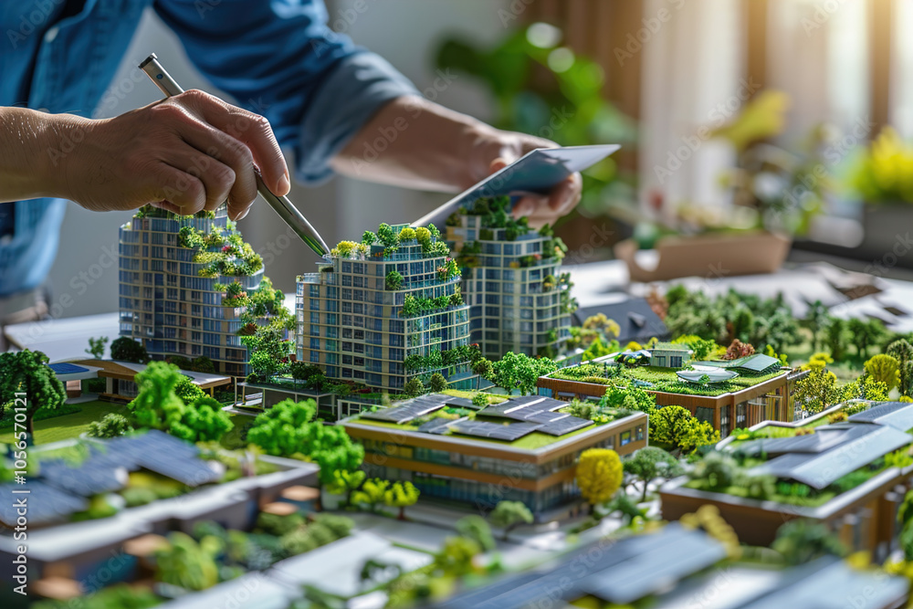 Architect presenting a 3D model of a sustainable city, green roofs and ...