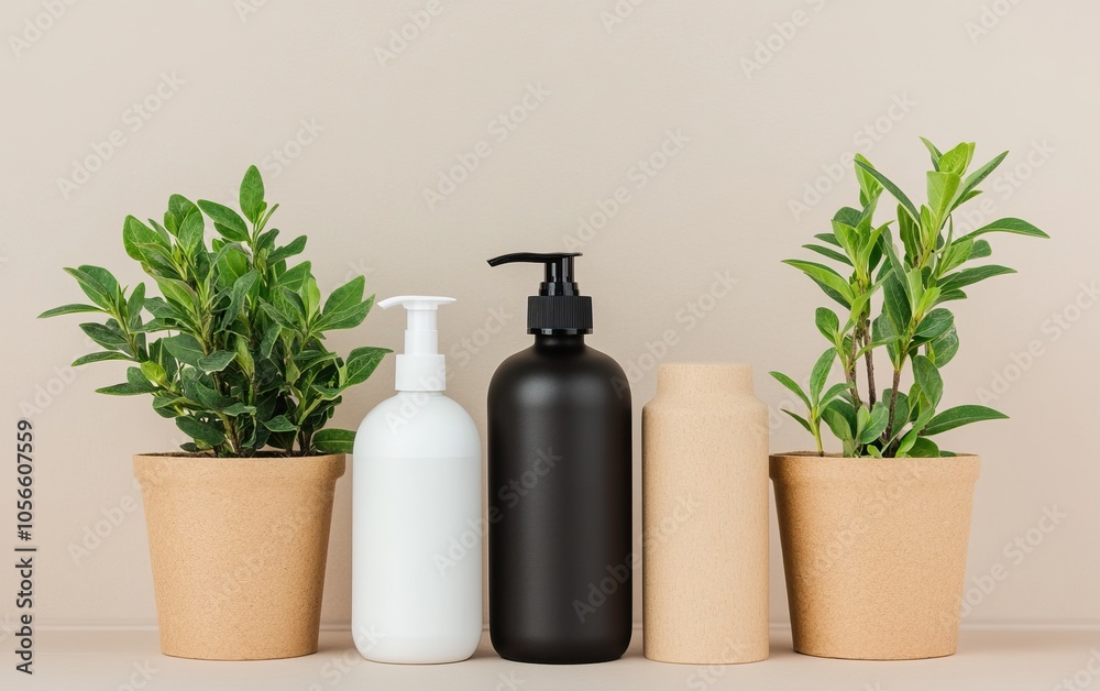 The image features two plant pots with green foliage alongside black ...