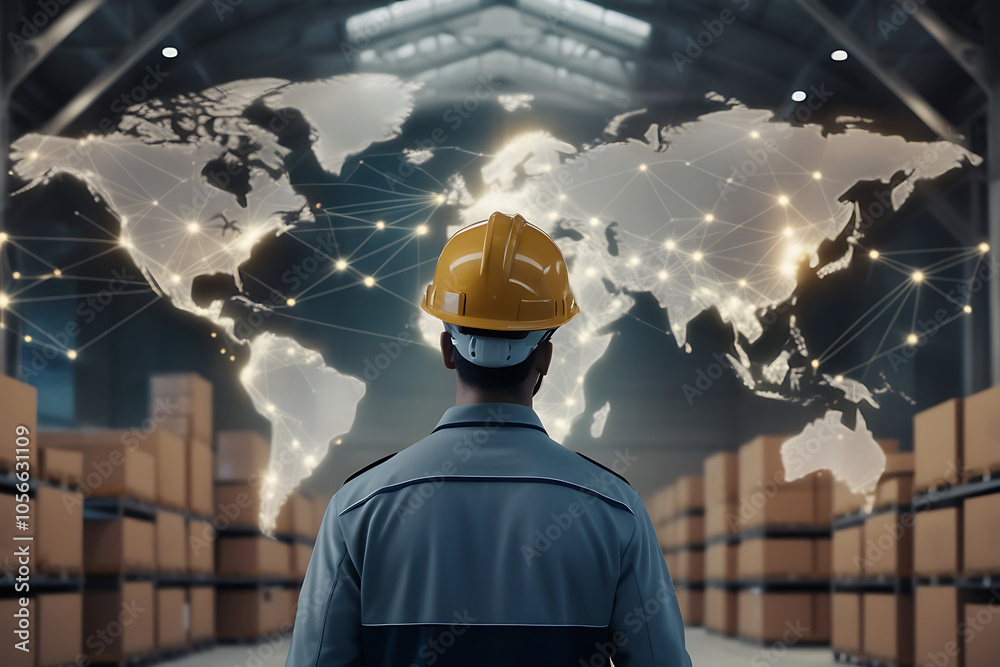 Global Supply Chain Management: Engineer Overseeing Futuristic Warehouse Logistics with Digital ...