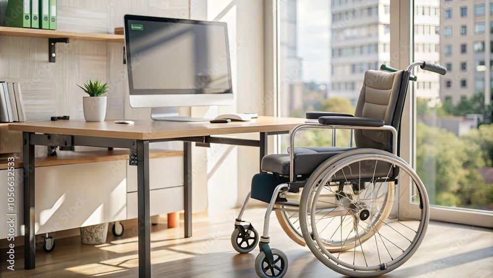 An accessible office workspace featuring a wheelchair and a computer ...