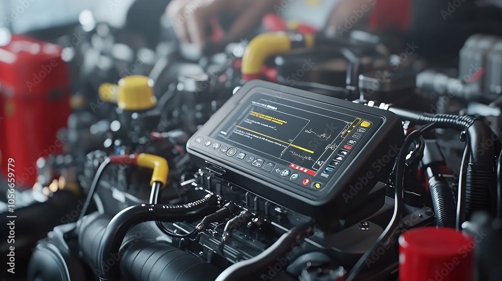 Engine Bay Diagnosis with Scan Tool Mechanic in a well-lit area using a ...