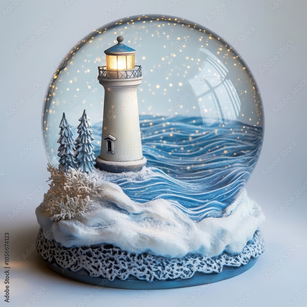 Snow globe with tiny lighthouse and snowy waves, soft blue and white ...