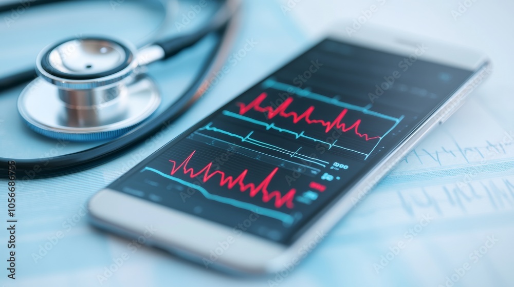 mobile device with vital signs tracker interface, red ecg line on ...