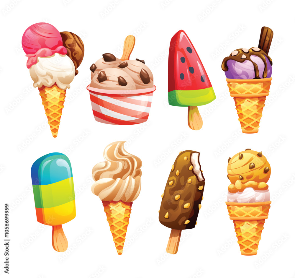 Set of various ice cream in cones, cup and on sticks with toppings ...