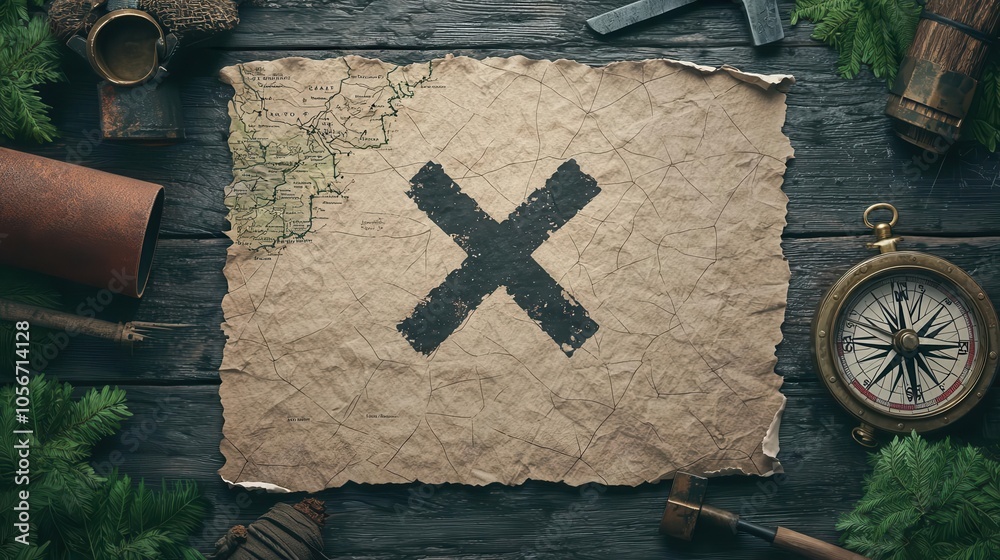 Treasure map with X marking the spot, laid on a table with old tools ...