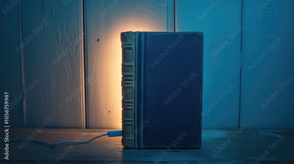 eBook connected to a vintage blue book with a cable facilitating data ...
