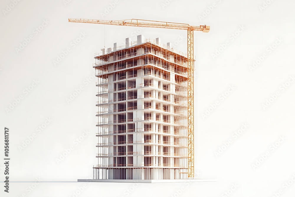 Building under construction 3D model with a construction crane on a ...