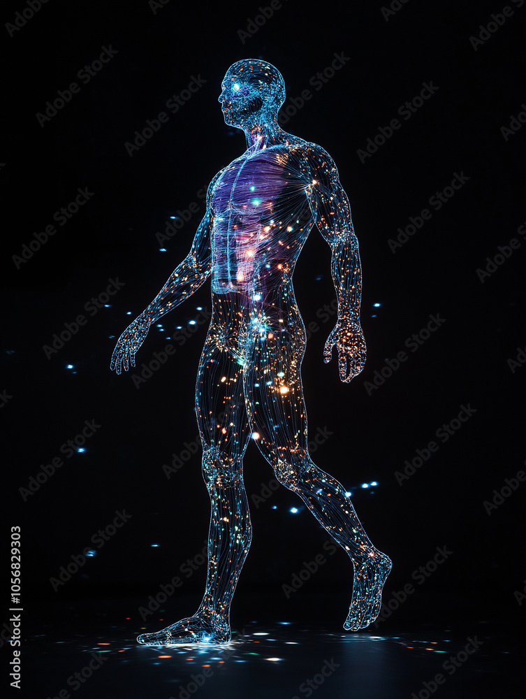 An anatomical illustration showing the human nervous system and organs ...