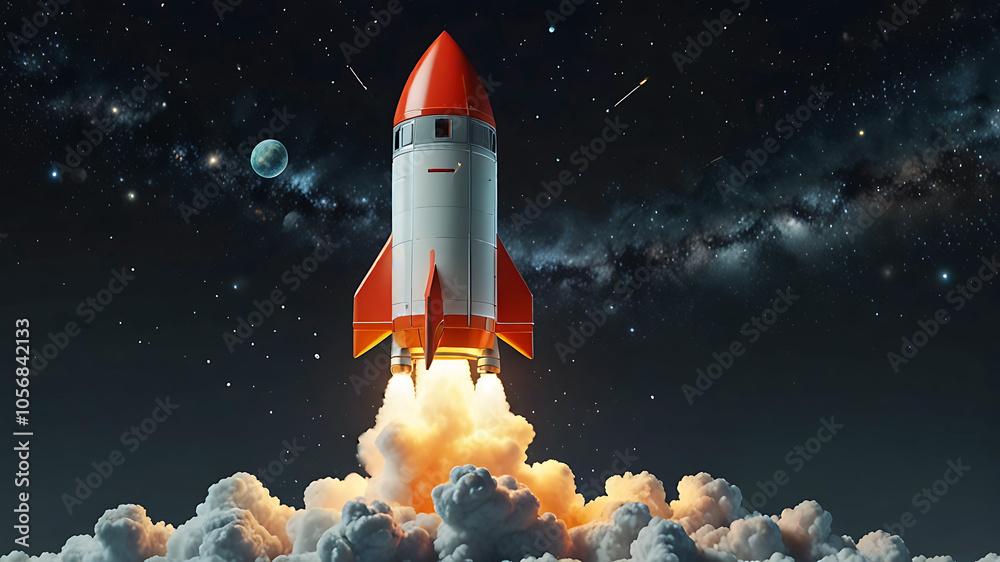 3D rocket in space, a rocket takes off into a sky leaving a fiery trail ...