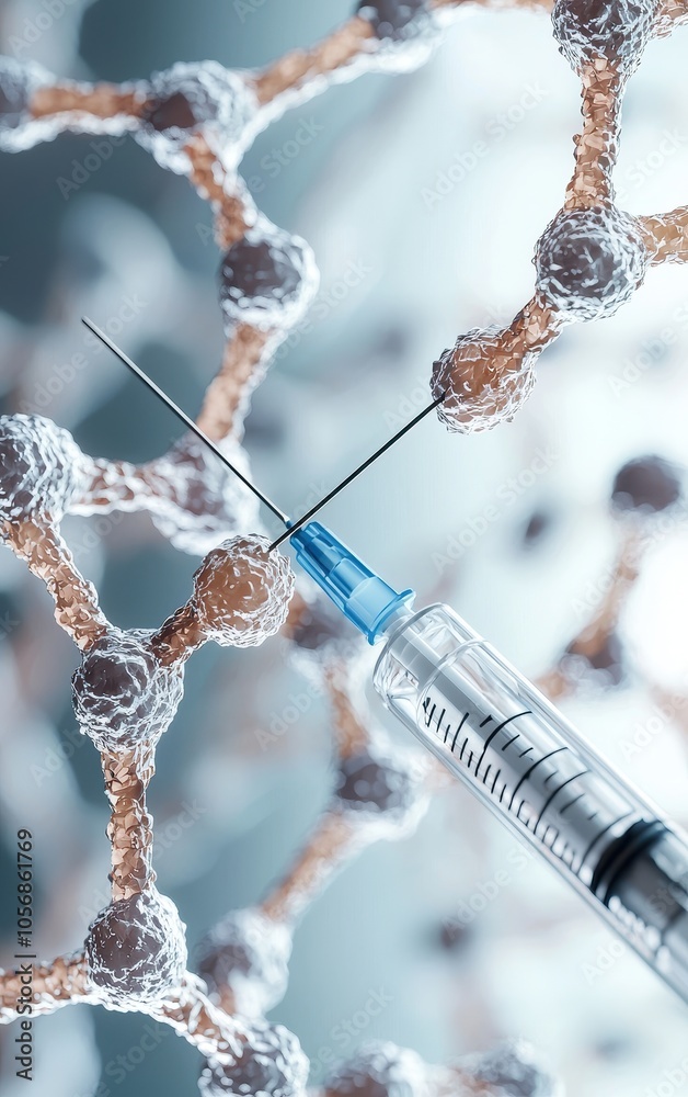Syringe injecting into molecular structure, blue isolate background ...