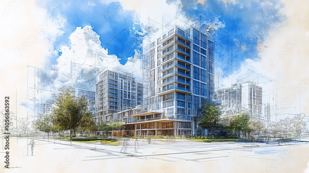 Architectural concept drawing of an urban residential complex in a ...