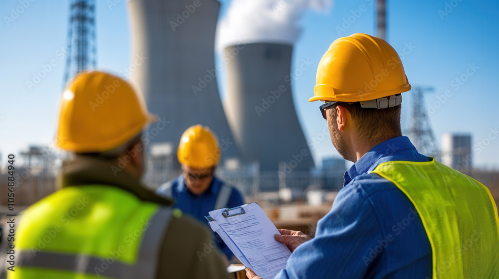 Construction manager discussing safety protocols at nuclear power plant ...