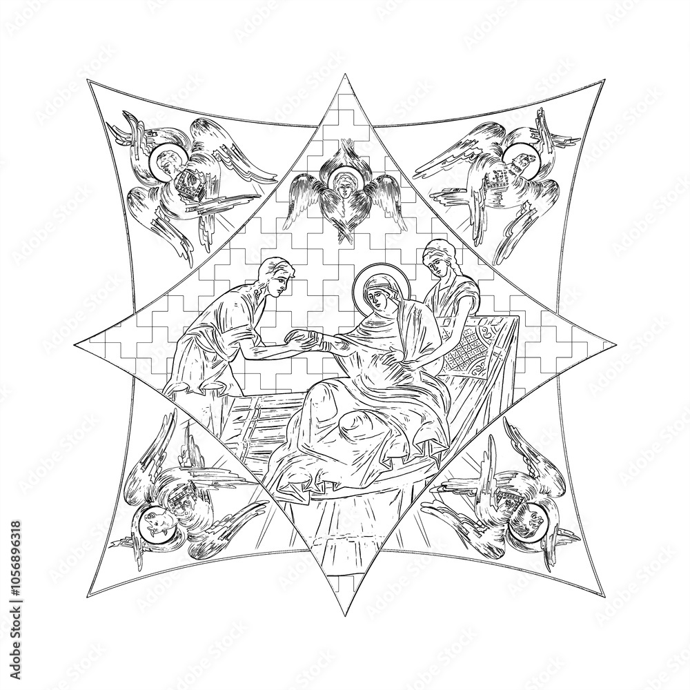 Nativity of the Blessed Virgin Mary. Cross dome with 4 apostles, angels ...