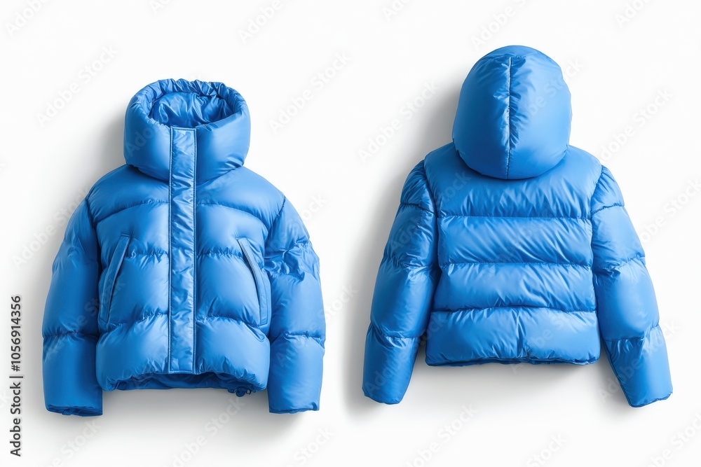 Blue puffer jacket front and back view isolated on white background ...