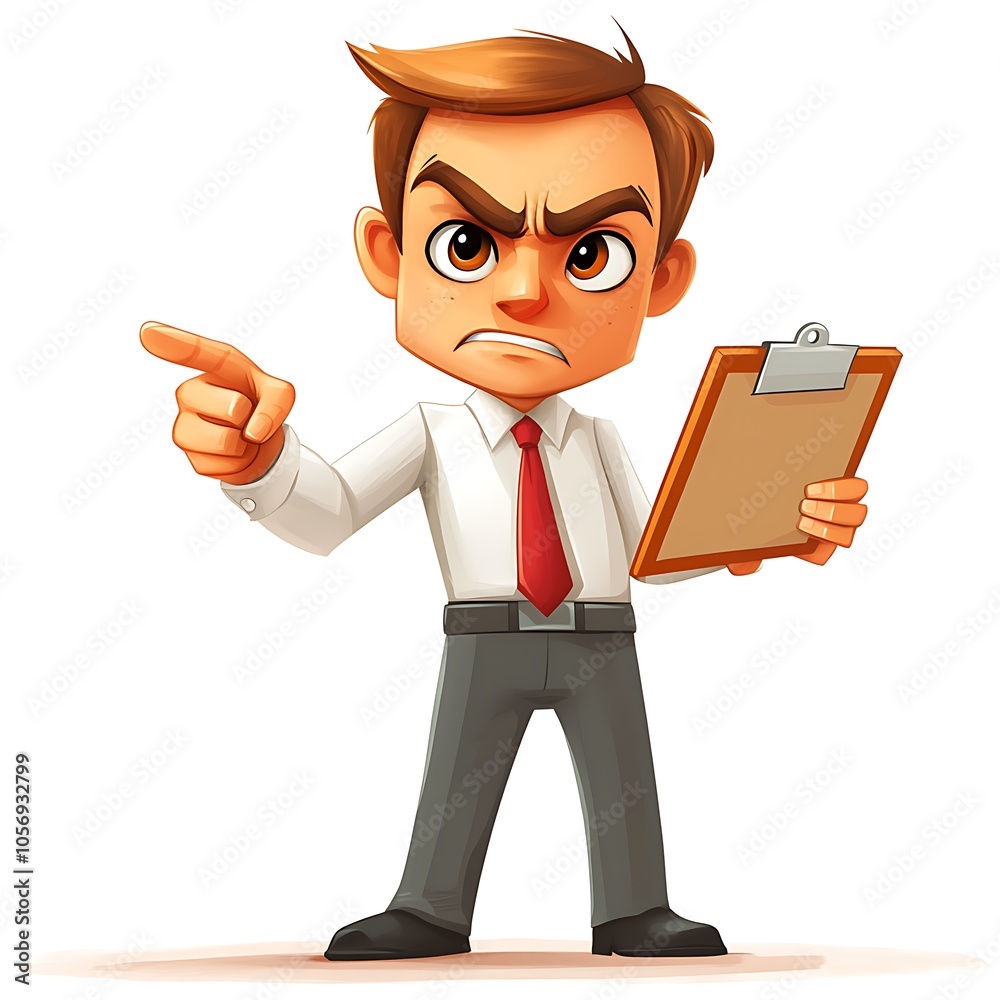 Cartoon employee pointing to a clipboard with a serious face on a white ...