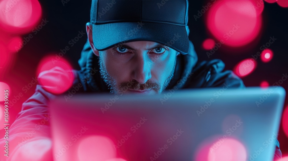 A police officer investigating a cybercrime scene, with a laptop and ...