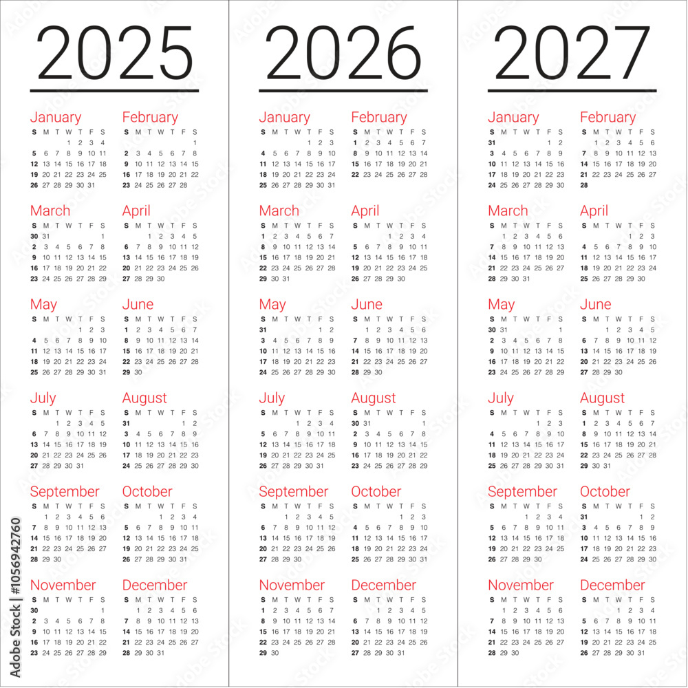2025 2026 2027 year calendar vector design template Stock Vector | Adobe Stock