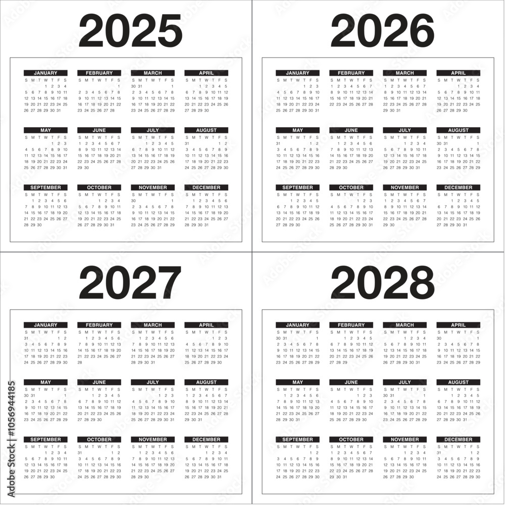 2025 2026 2027 2028 year calendar vector design template Stock Vector ...